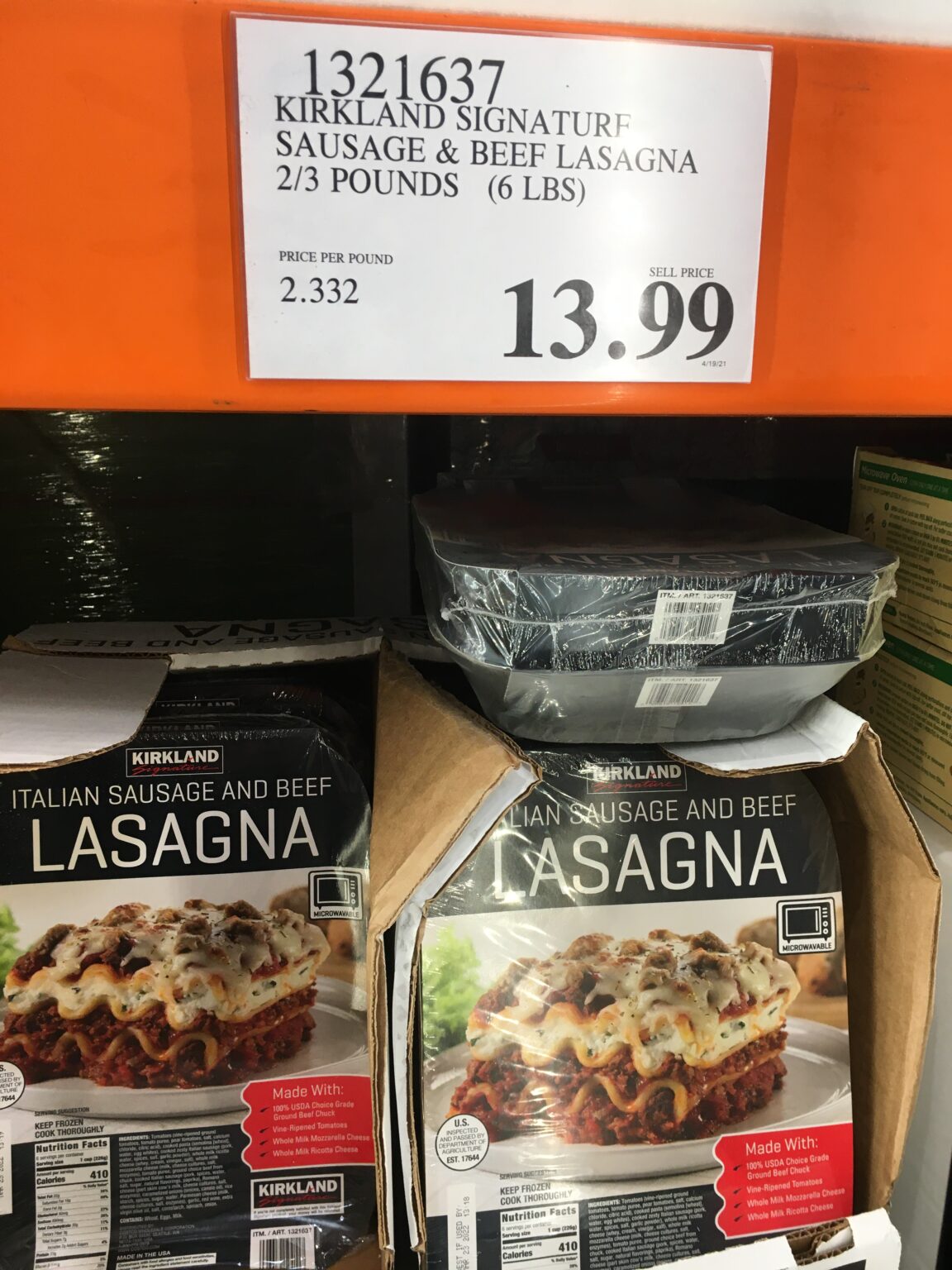 Kirkland Lasagna at Costco (Frozen Italian Sausage and Beef)
